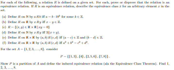 Solved For each of the following, a relation R is defined on | Chegg.com