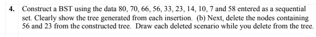 Solved 4. Construct a BST using the data 80, 70, 66, 56, 33, | Chegg.com