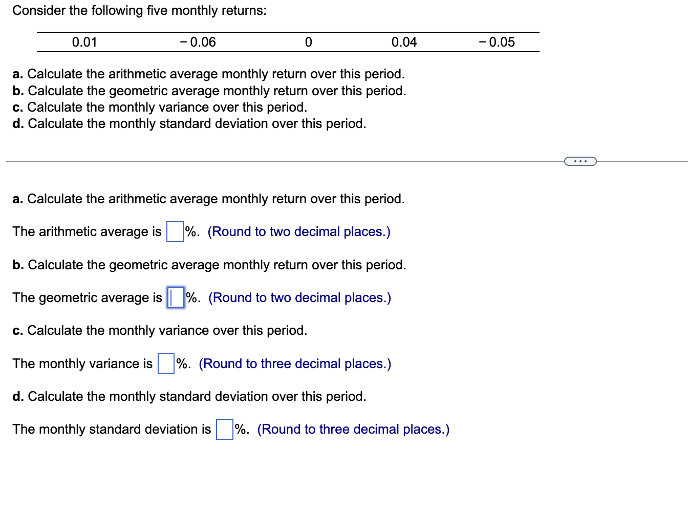 Solved Consider the following five monthly returns: a. | Chegg.com