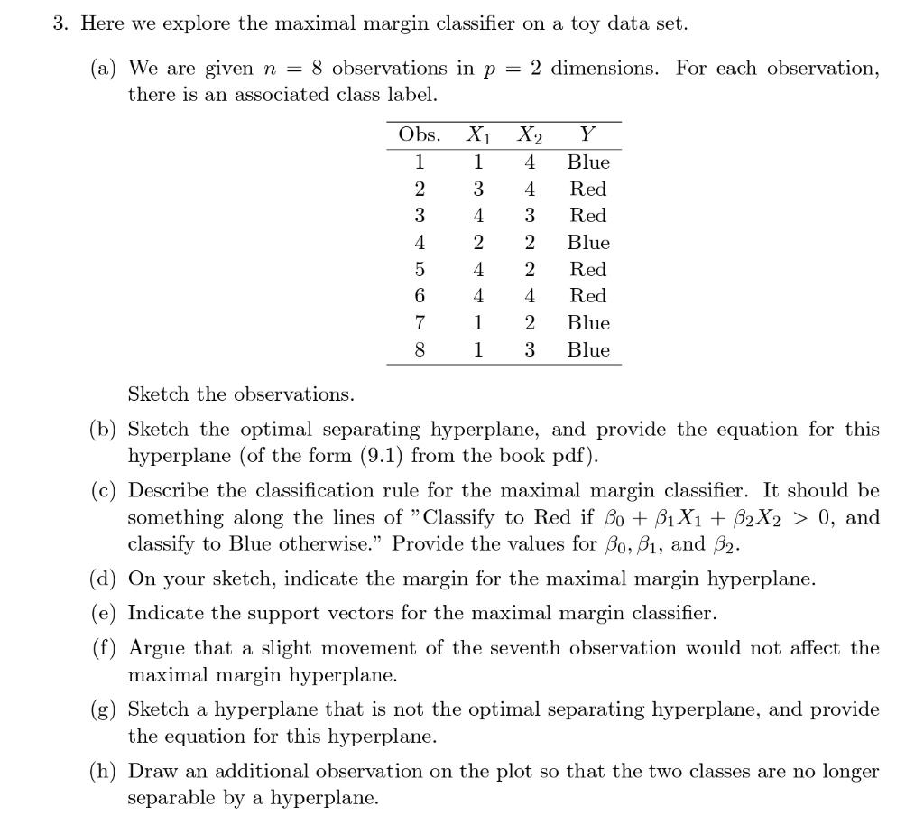 Solved 3. Here we explore the maximal margin classifier on a | Chegg.com