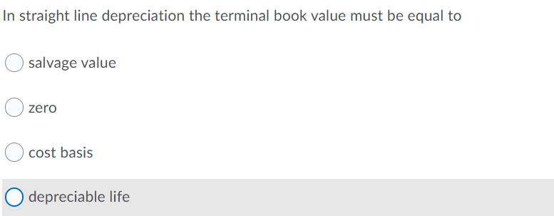 Solved In straight line depreciation the terminal book value | Chegg.com