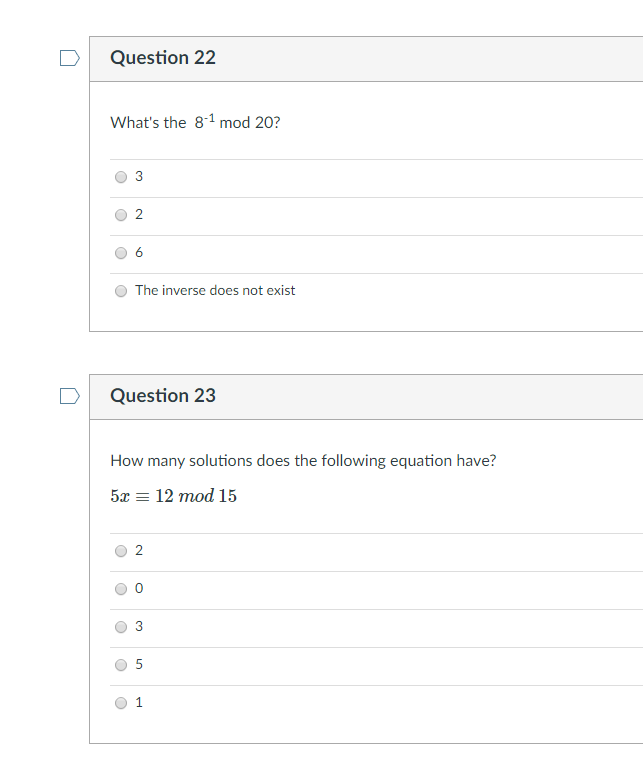 Solved Question 22 What's the 8-1 mod 20? 3 0 N 0 6 The | Chegg.com