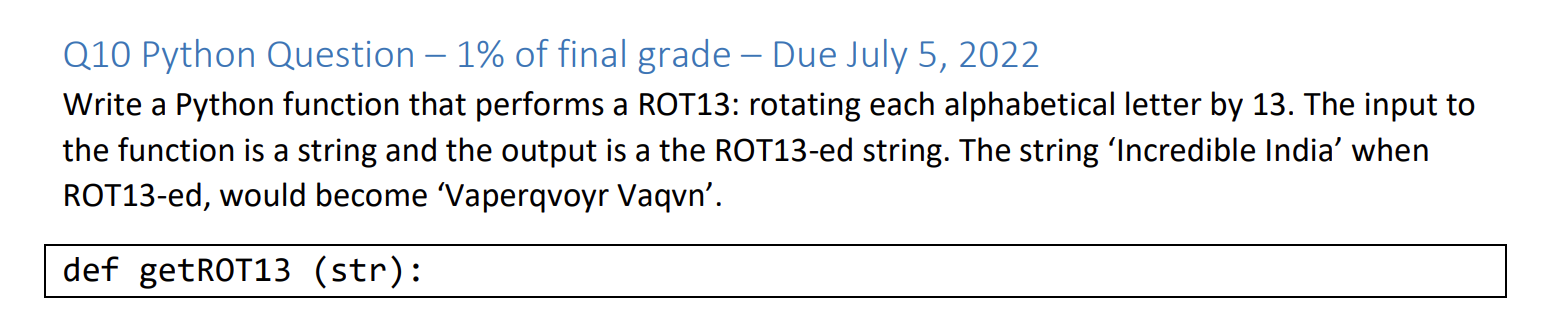 Solved Q10 Python Question - 1% of final grade – Due July 5, | Chegg.com