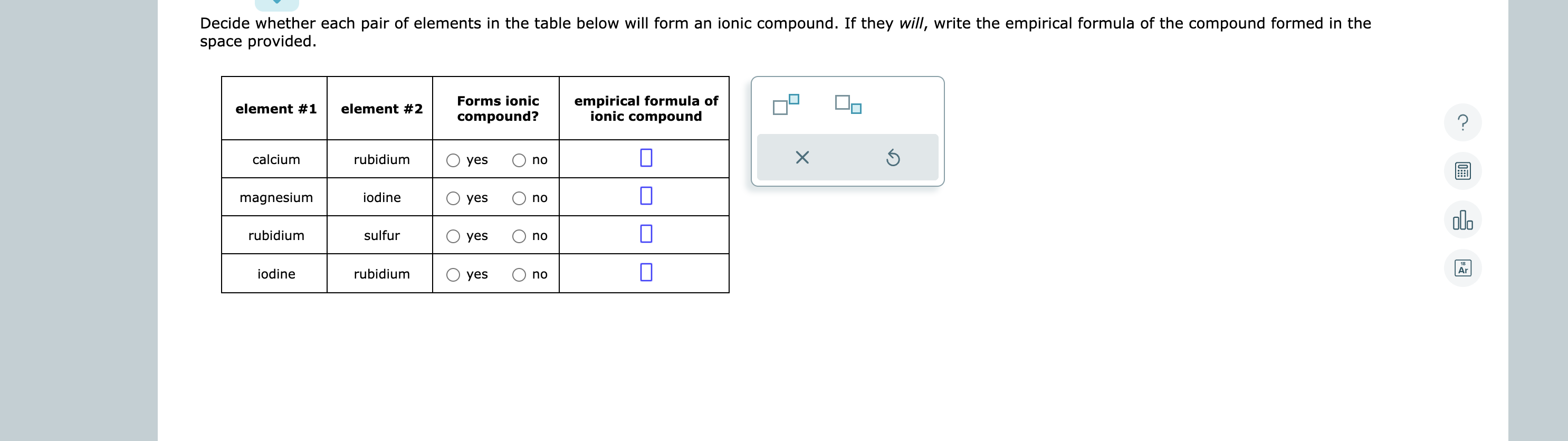 Solved Decide whether each pair of elements in the table | Chegg.com