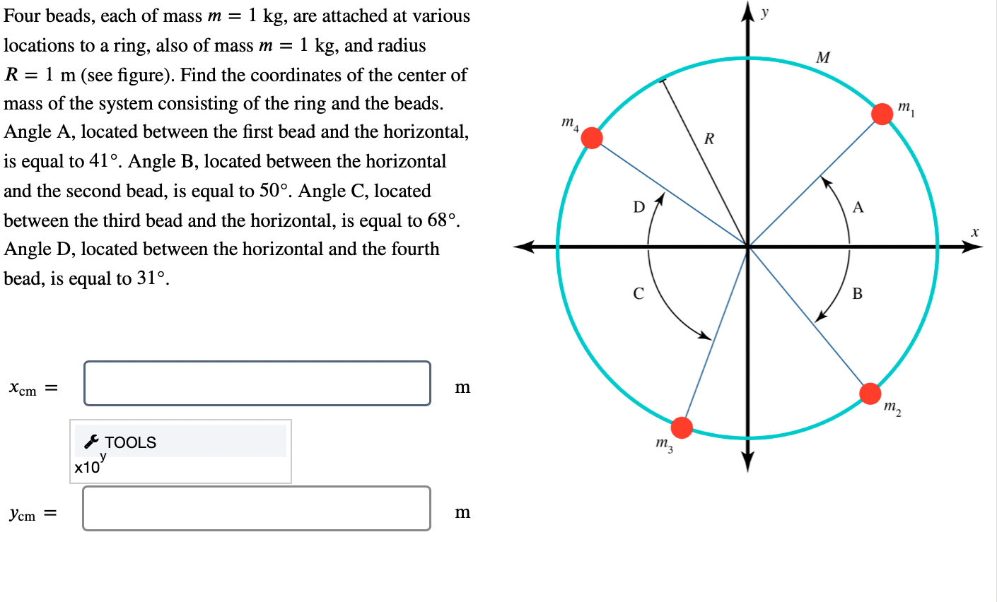 Solved Four beads, each of mass m=1 kg, are attached at | Chegg.com