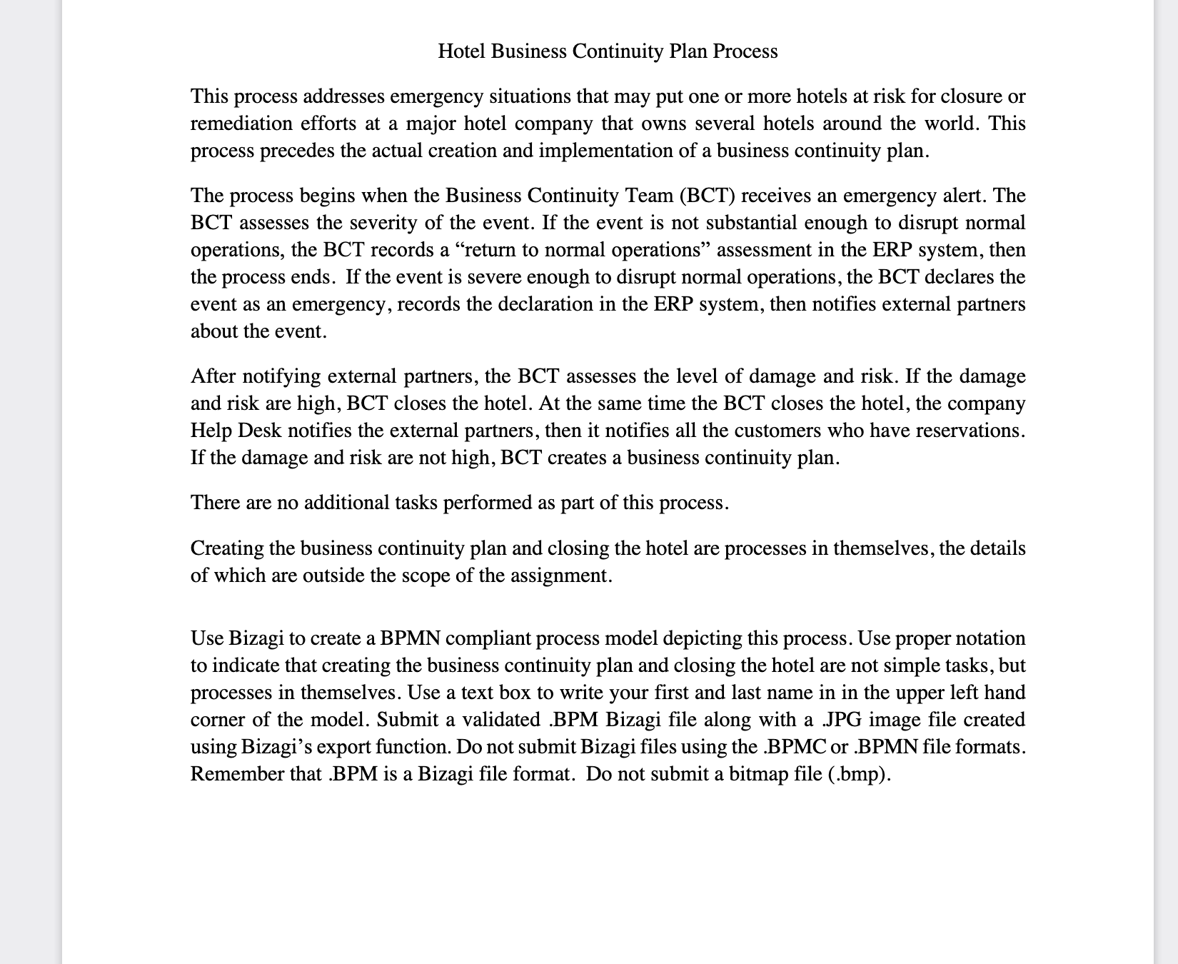 Solved (BPMN) Hotel Business Continuity Plan ProcessThis | Chegg.com