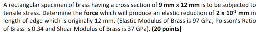 Solved A rectangular specimen of brass having a cross | Chegg.com