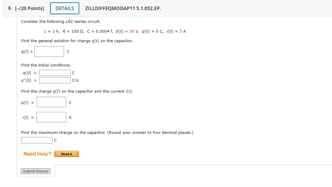 Solved Consider the following LRC-series circuit. L=1 | Chegg.com