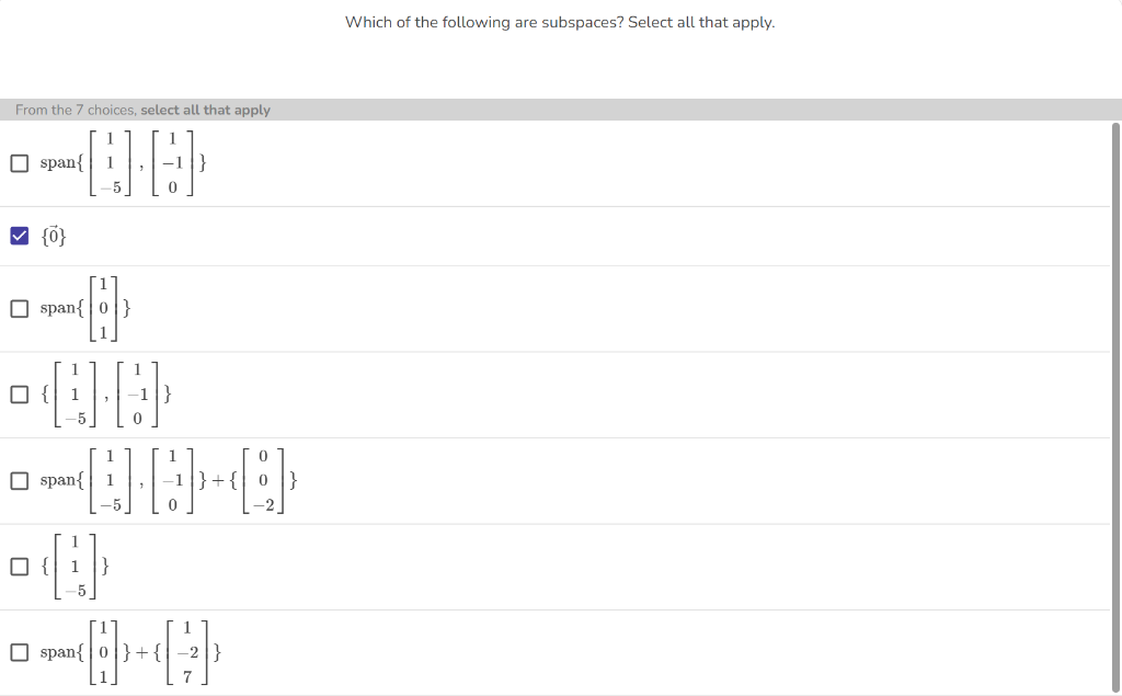 Solved Which of the following are subspaces? Select all that | Chegg.com