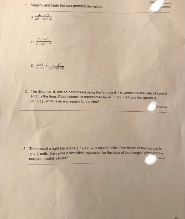 Solved 1. Simplify and state the non-permissible values. | Chegg.com