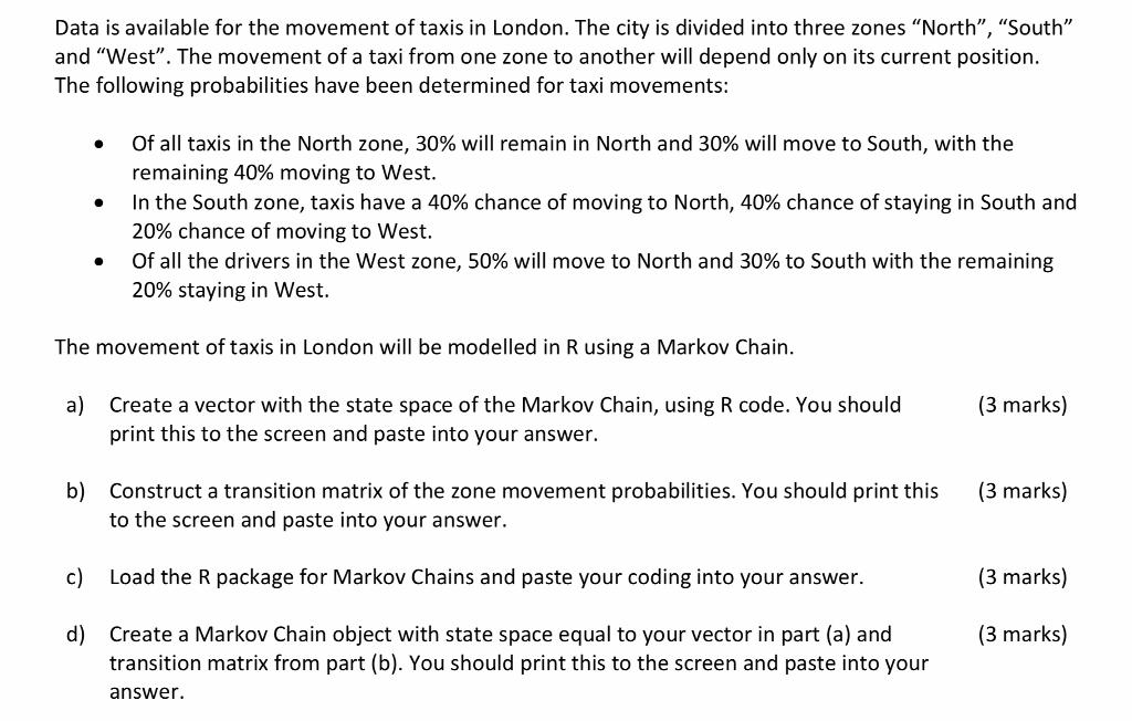 Solved Data is available for the movement of taxis in | Chegg.com