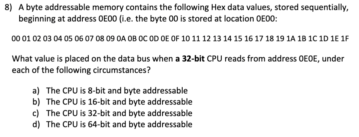 Solved 8) A byte addressable memory contains the following | Chegg.com