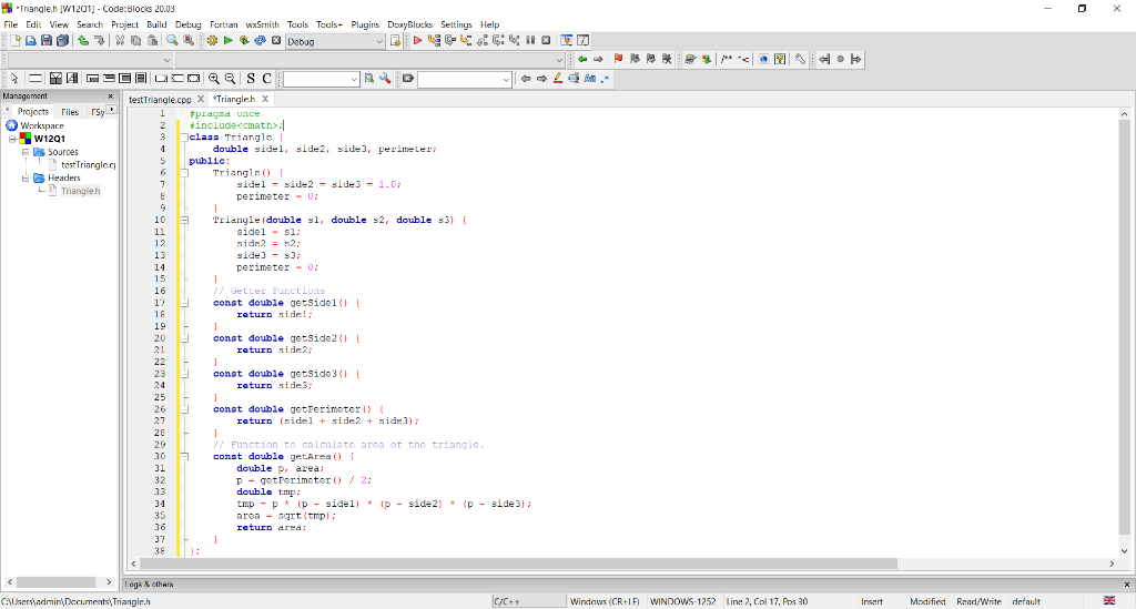 Solved 立。 test Triangle.cpp (W12011 - Code:Blocks 2003 File | Chegg.com