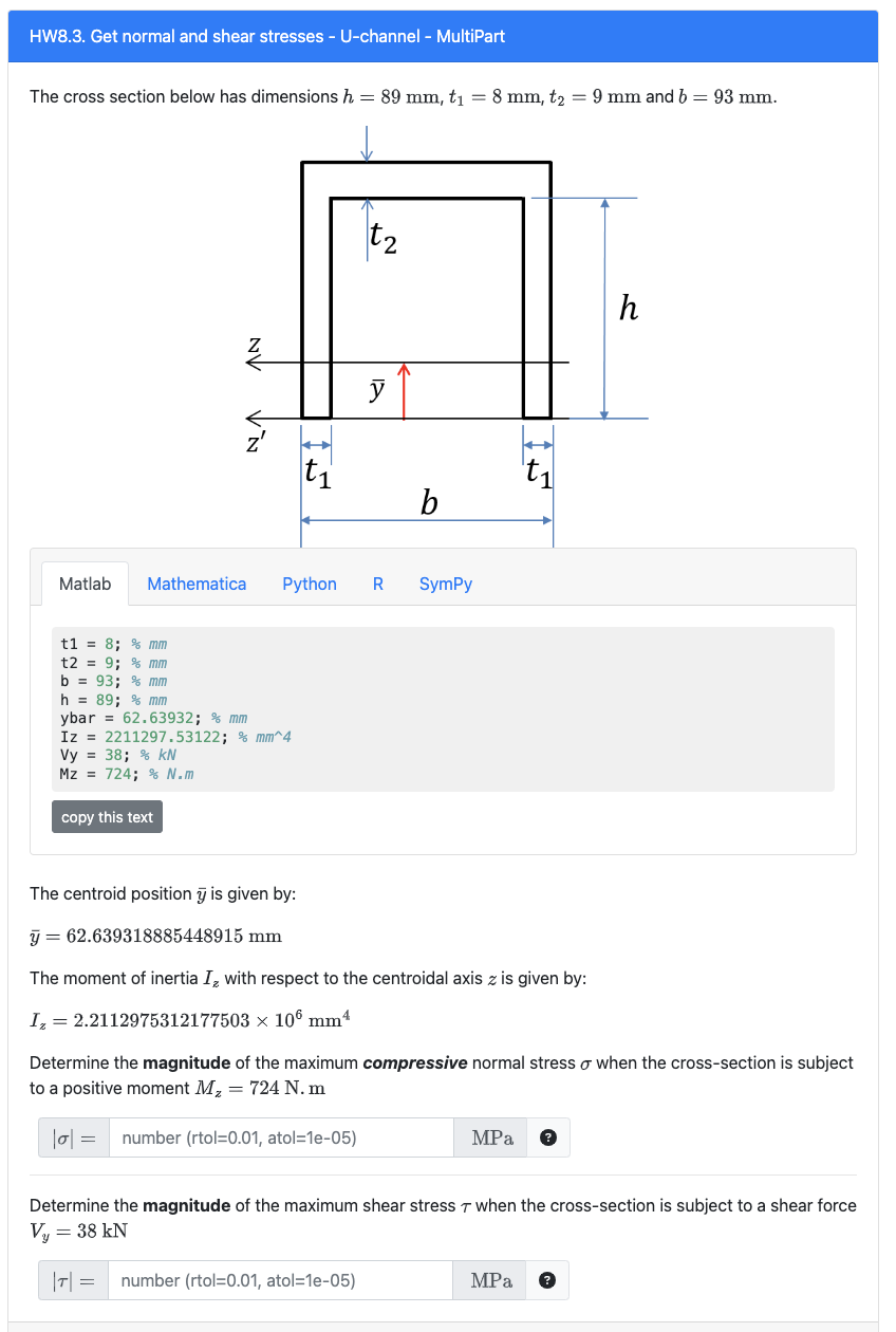 Solved The cross section below has dimensions h=89 mm,t1=8 | Chegg.com