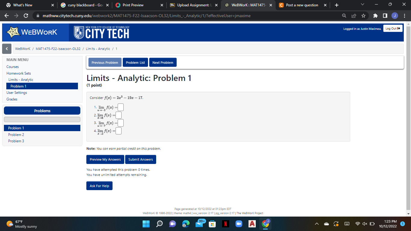Solved Limits - Analytic: Problem 1 (1 point) Consider | Chegg.com