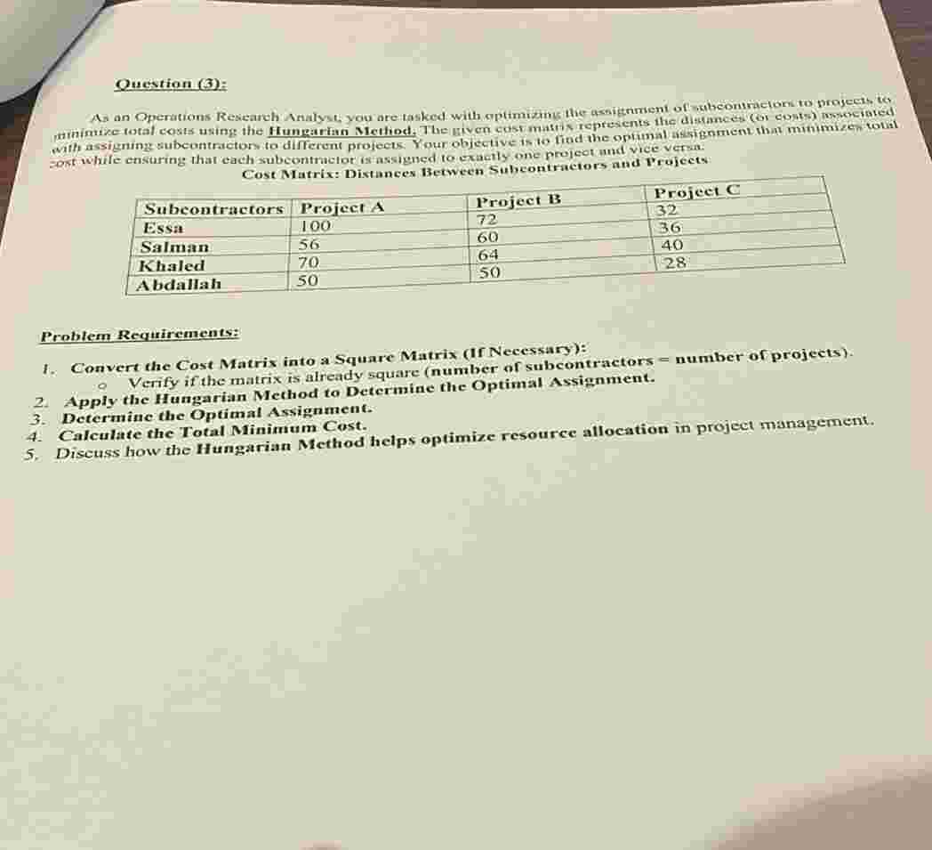 Solved Question (3): with assigning subcontractors fo | Chegg.com