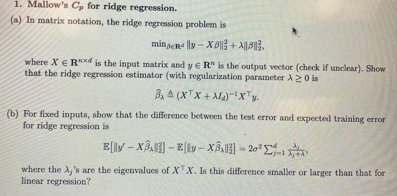 1. Mallow's Cp for ridge regression. (a) In matrix | Chegg.com
