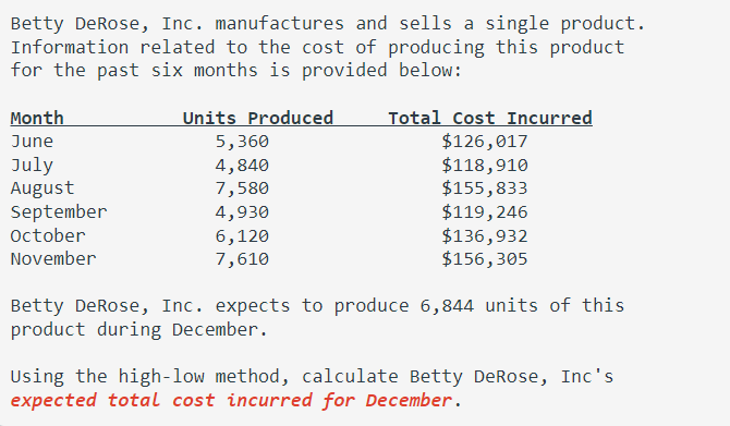 Solved Betty DeRose, Inc. manufactures and sells a single | Chegg.com