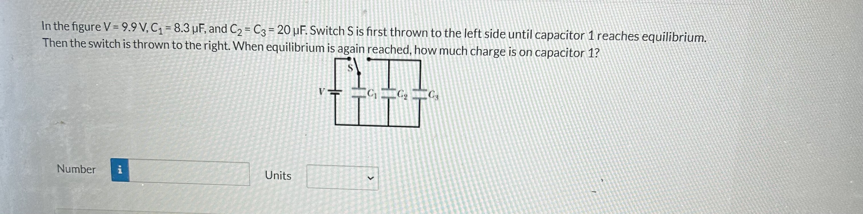 Solved In the figure V=9.9 V,C1=8.3μF, and C2=C3=20μF. | Chegg.com