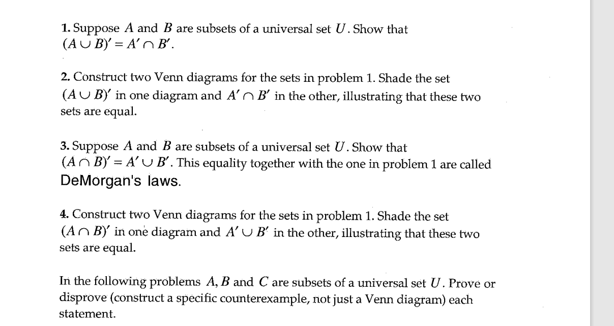 Solved a 1. Suppose A and B are subsets of a universal set | Chegg.com