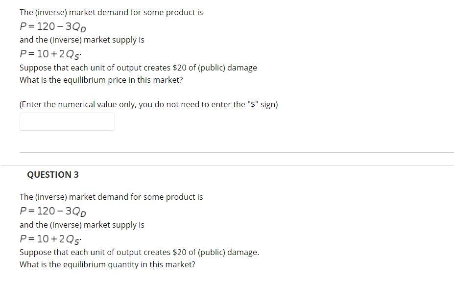 Solved The (inverse) market demand for some product is P= | Chegg.com