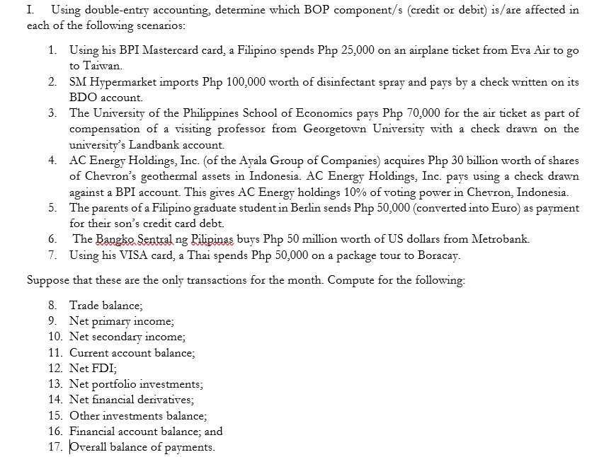 I. Using double-entry accounting, determine which BOP | Chegg.com