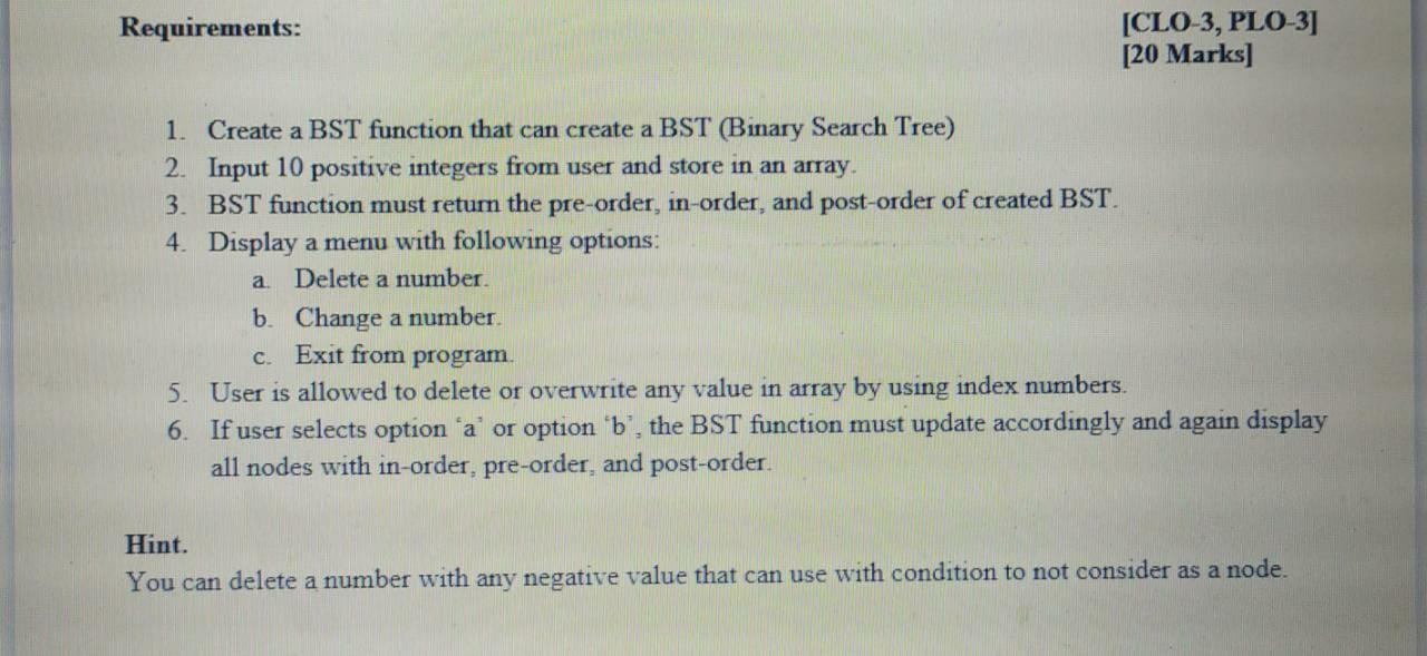 Solved Requirements: [CLO-3, PLO-3] [20 Marks] a а 1. Create | Chegg.com