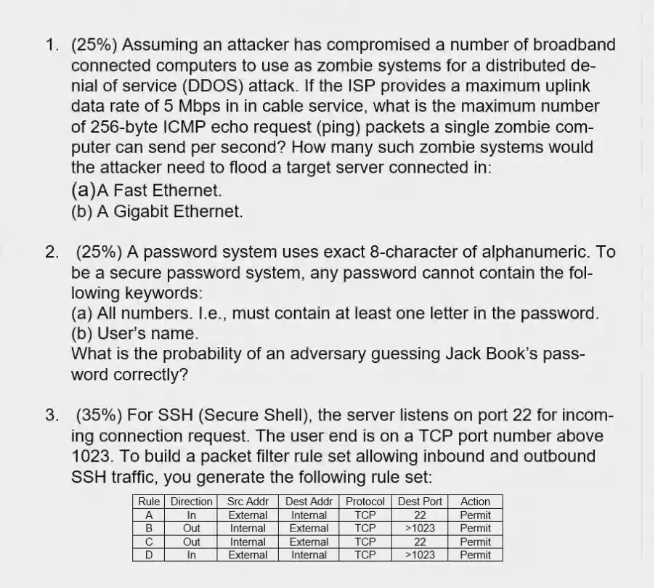 Solved 1. (25%) Assuming an attacker has compromised a | Chegg.com