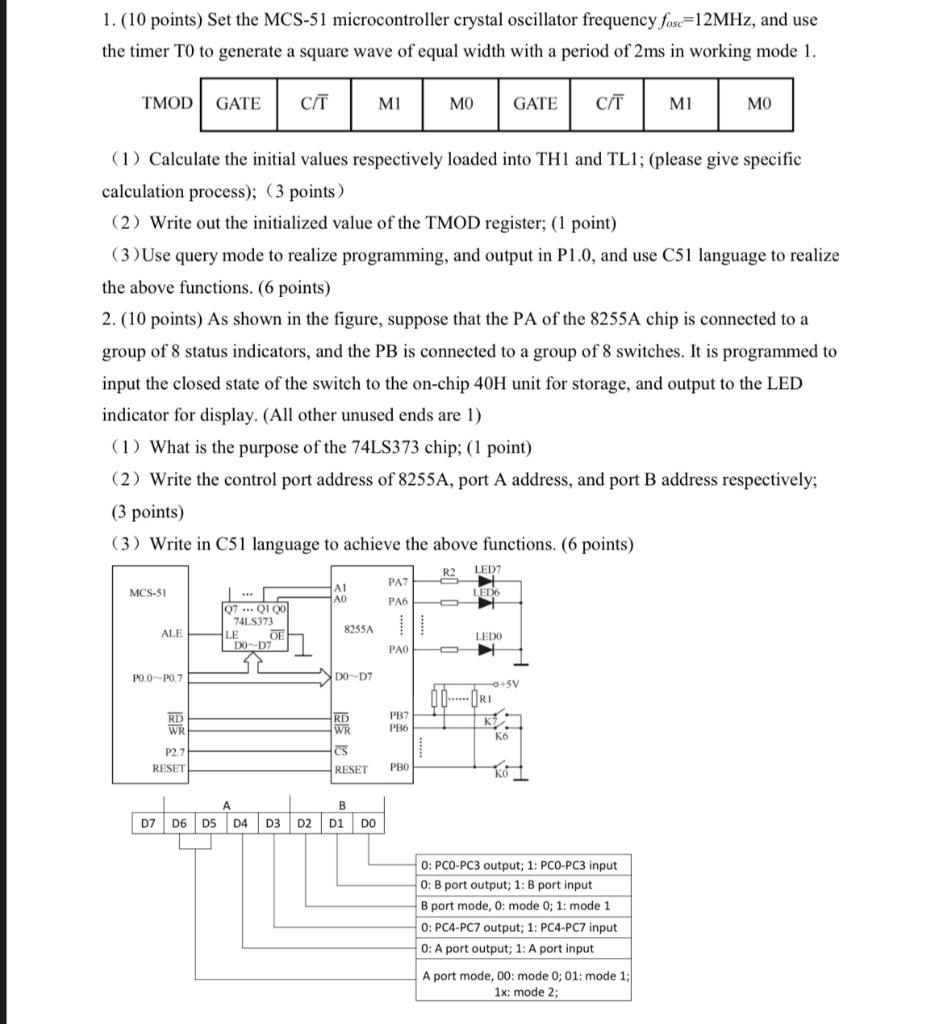Solved 1. (10 points) Set the MCS-51 microcontroller crystal | Chegg.com
