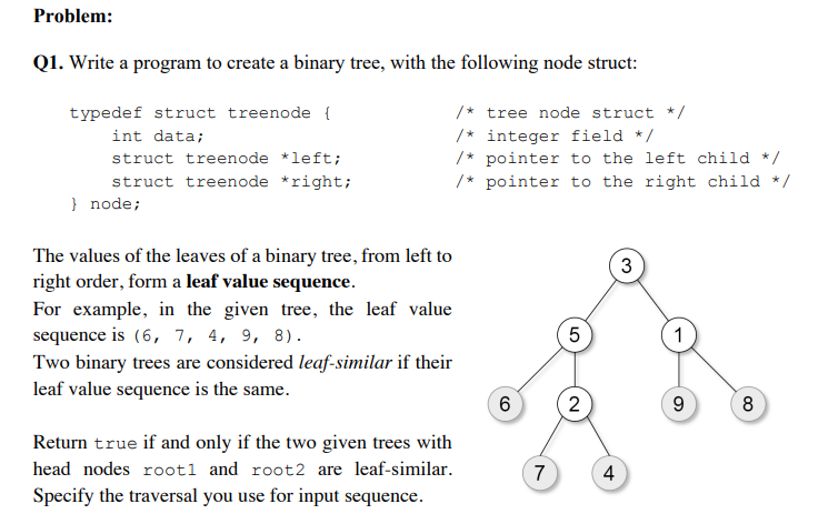 Solved Problem Q1 Write A Program To Create A Binary Tree Chegg