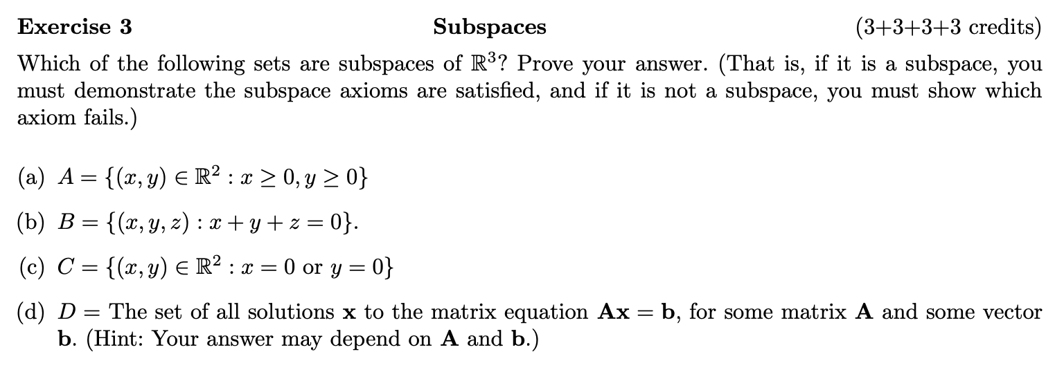 Solved Exercise 3 Subspaces 3 3 3 3 Credits Which Of The Chegg