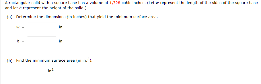 Solved A rectangular solid with a square base has a volume | Chegg.com