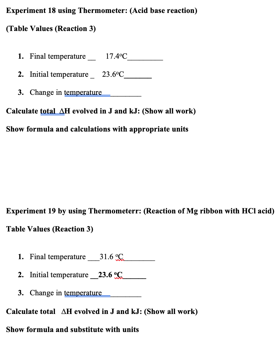 Solved Experiment 18 using Thermometer: (Acid base reaction) | Chegg.com