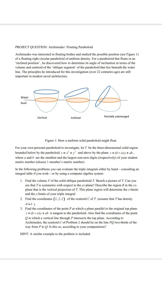 Solved PROJECT QUESTION: Archimedes' Floating Paraboloid | Chegg.com