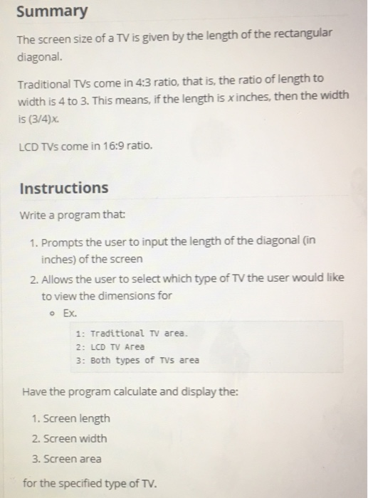 Summary The screen size of a TV is given by the | Chegg.com