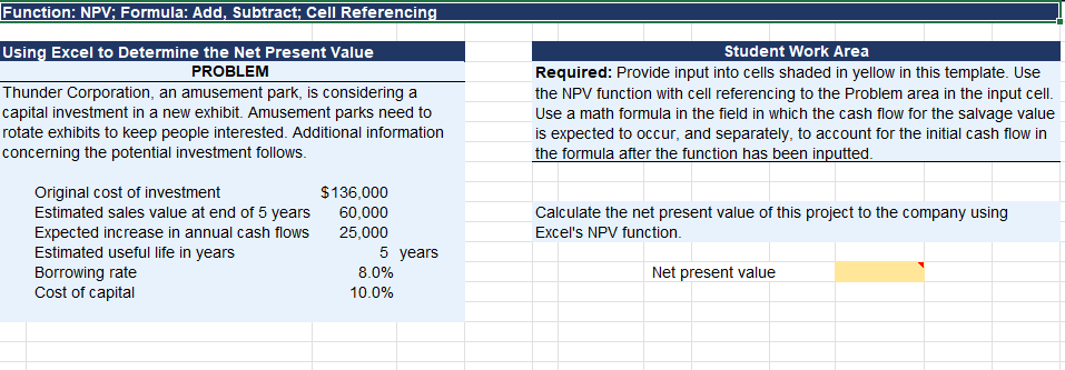 Solved Function: NPV; Formula: Add, Subtract; Cell | Chegg.com