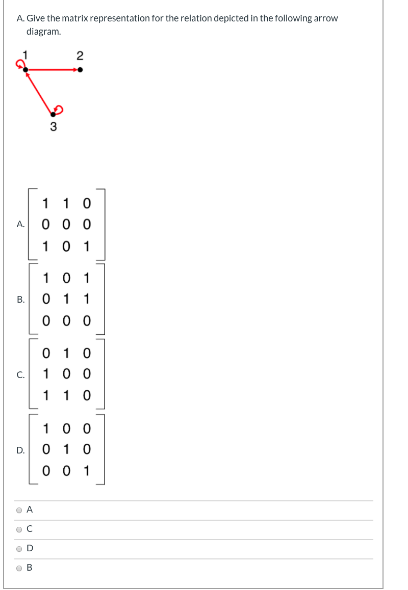 Solved A. Give the matrix representation for the relation | Chegg.com