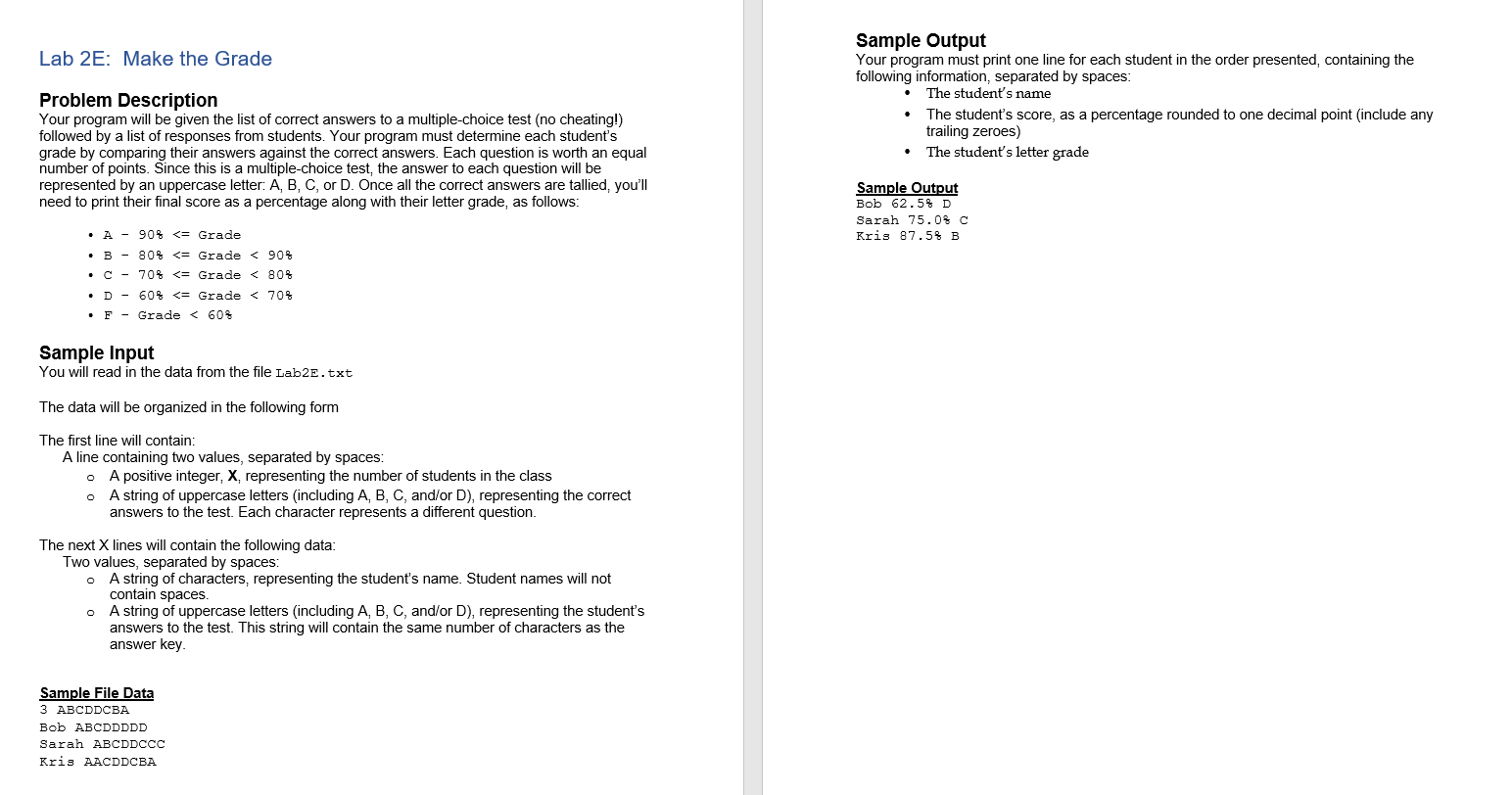 Solved Lab 2E: Make the Grade Problem Description Your | Chegg.com