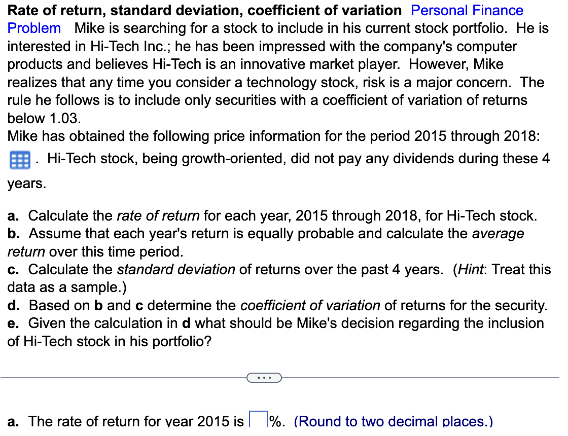 Solved Rate of return, standard deviation, coefficient of | Chegg.com