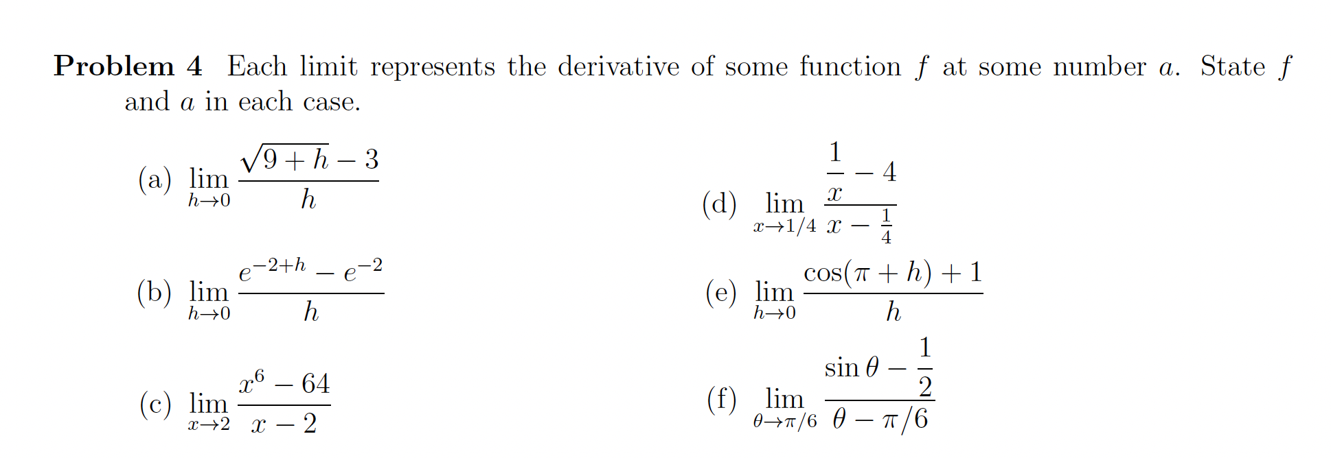 Solved Problem 4 Each limit represents the derivative of | Chegg.com