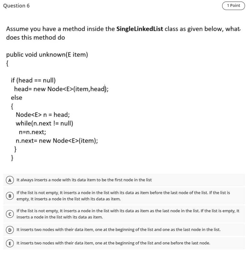 Solved Question 6 1 Point Assume you have a method inside | Chegg.com