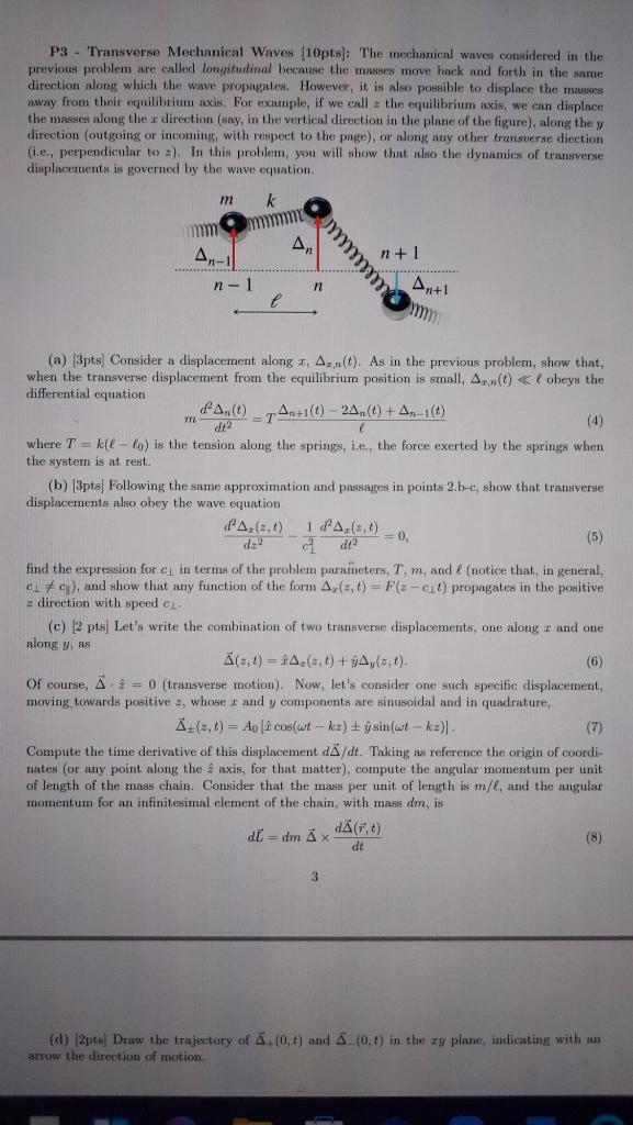 Solved P3 - Transverse Mechanical Waves (10pts): The | Chegg.com