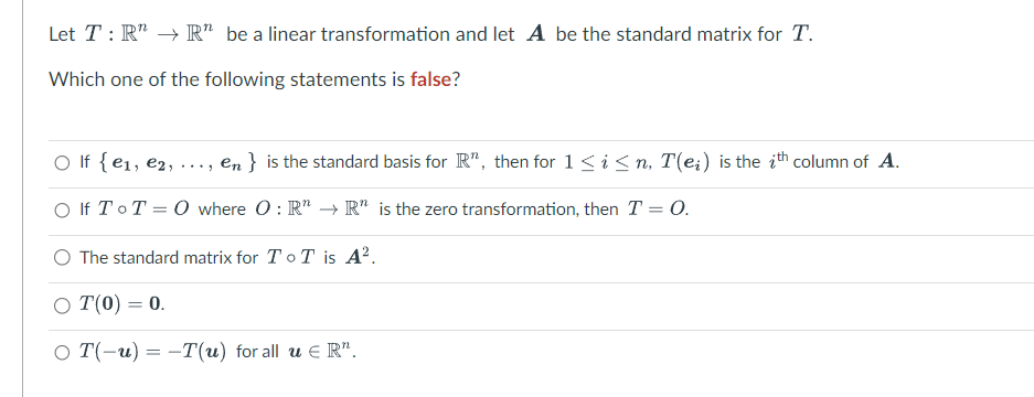 Solved Let T:Rn→Rn ﻿be a linear transformation and let A ﻿be | Chegg.com