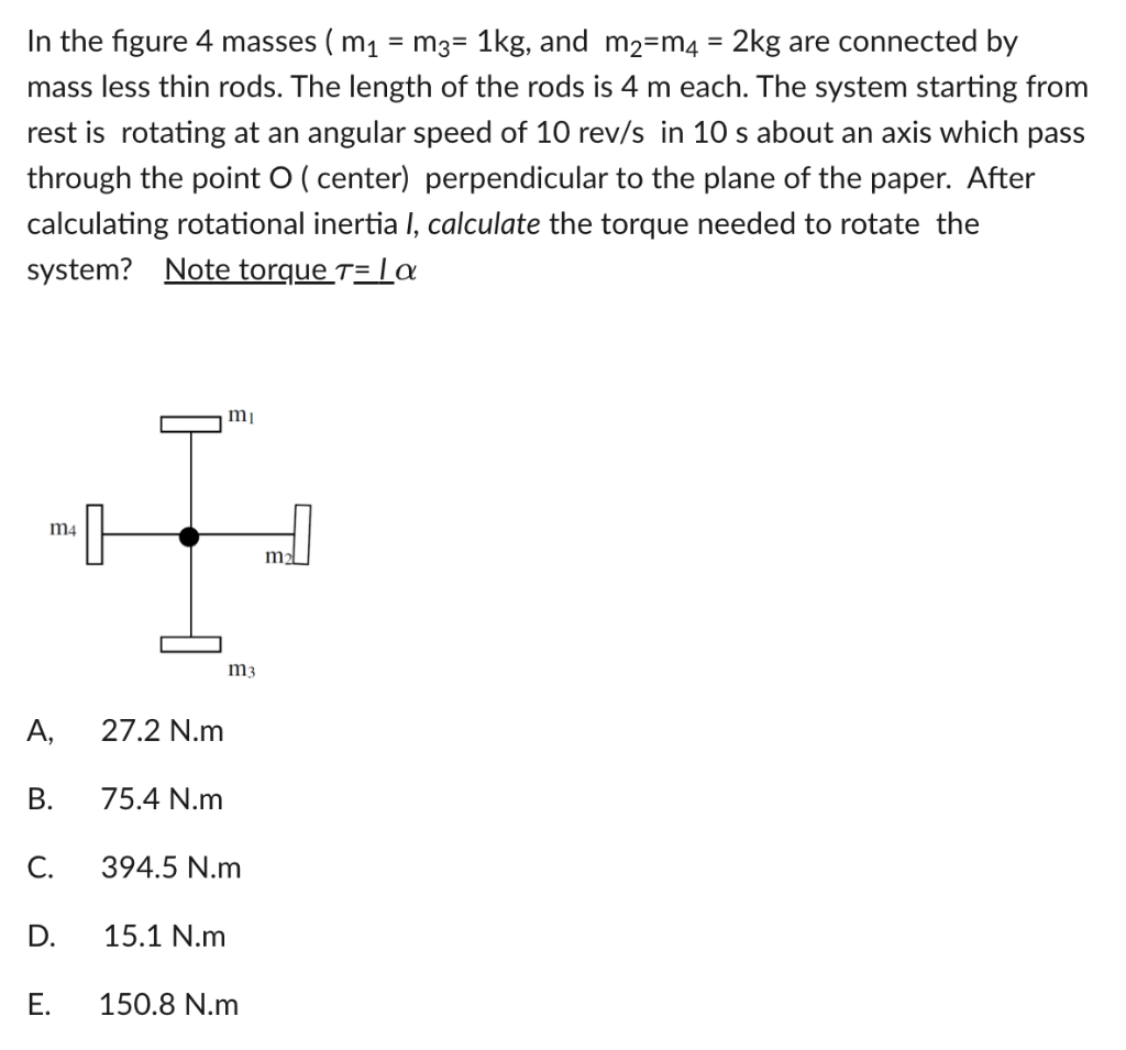 Solved In the figure 4 masses (m1=m3=1 kg, and m2=m4=2 kg | Chegg.com