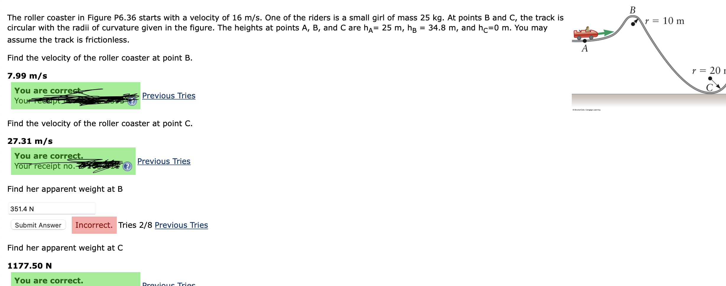 Solved Please solve for "Find her apparent weight at B"The | Chegg.com