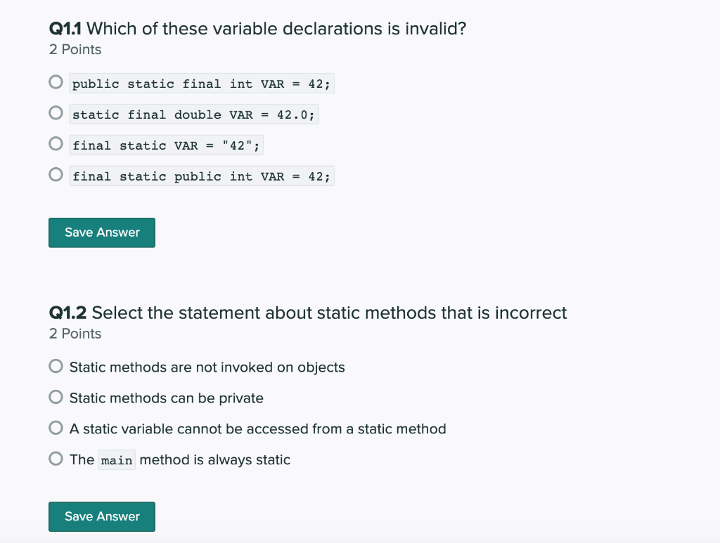 Solved Q1.1 Which of these variable declarations is invalid? | Chegg.com