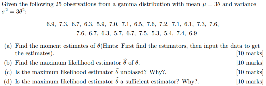 Solved Given the following 25 observations from a gamma | Chegg.com