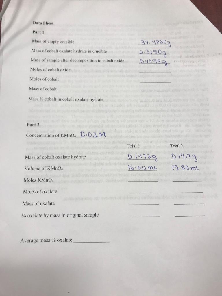 Solved Data Sheet Part 1 Mass of empty crucible Mass of | Chegg.com