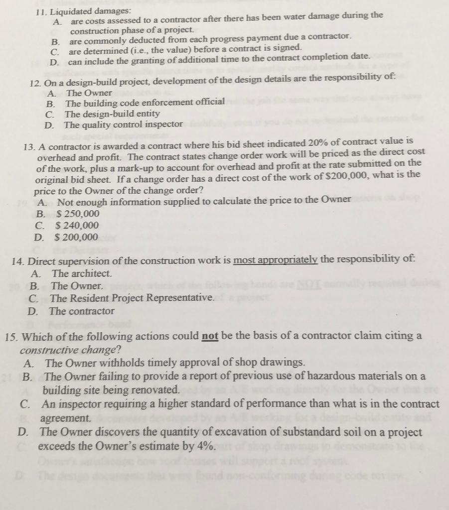 Solved 11. Liquidated damages: A. are costs assessed to a | Chegg.com