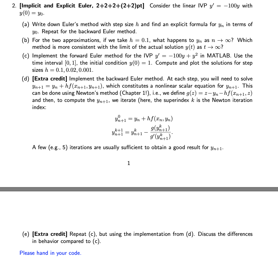 2. [Implicit and Explicit Euler, 2+2+2+(2+2)pt] | Chegg.com